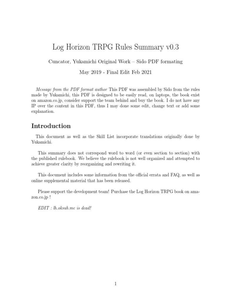 Log Horizon TRPG Rules Overview | PDF
