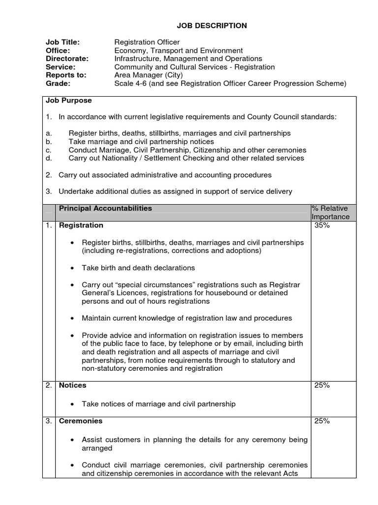Registration Officer Job Description | PDF | Marriage