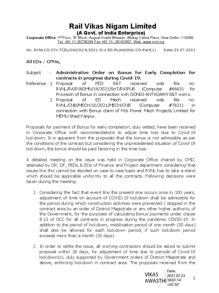 21 07 23 Administrative Order For Bonus For Early Completion | PDF ...
