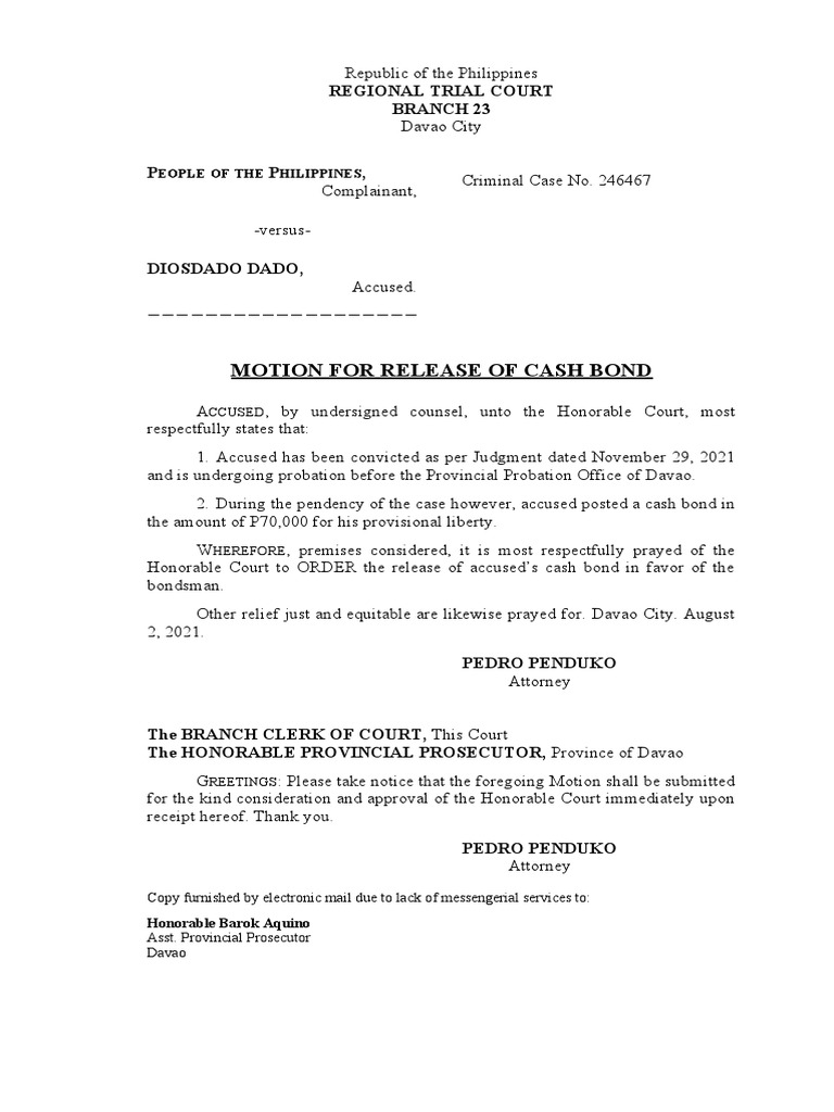 Motion For Release of Cash Bond | PDF