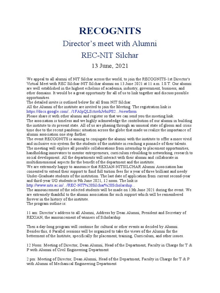 Recognits: Director's Meet With Alumni REC-NIT Silchar | PDF ...