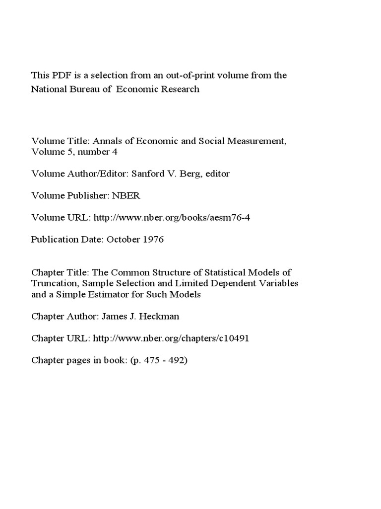 Heckman The Common Structure of Statistical Models of Truncation Sample Selection and Limited ...