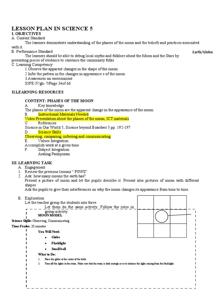 Lesson Plan in Science 5: I. Objectives | PDF | Moon | Cognition