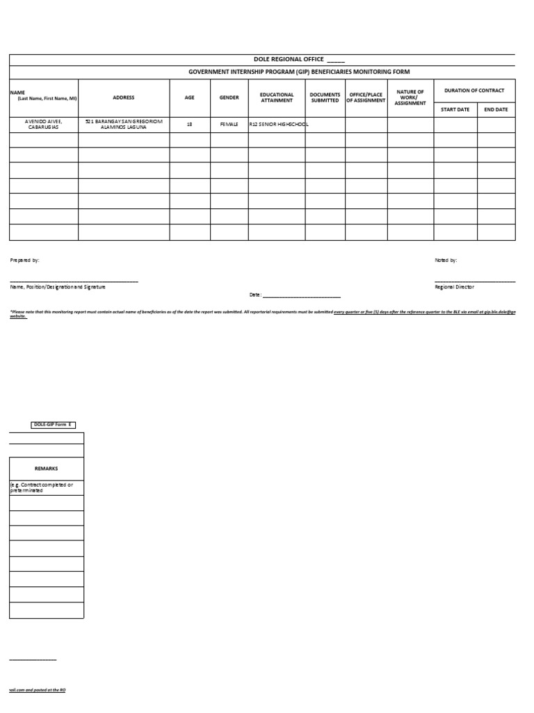 Government Internship Program (Gip) Beneficiaries Monitoring Form | PDF ...