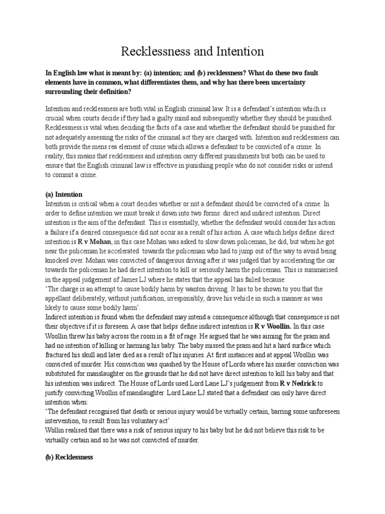 Recklessness and Intention | PDF | Recklessness (Law) | Intention ...