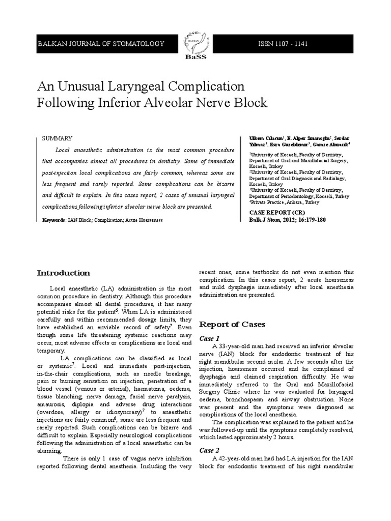 Unusual Laryngeal Complications of IANB | PDF | Anesthesia | Medicine