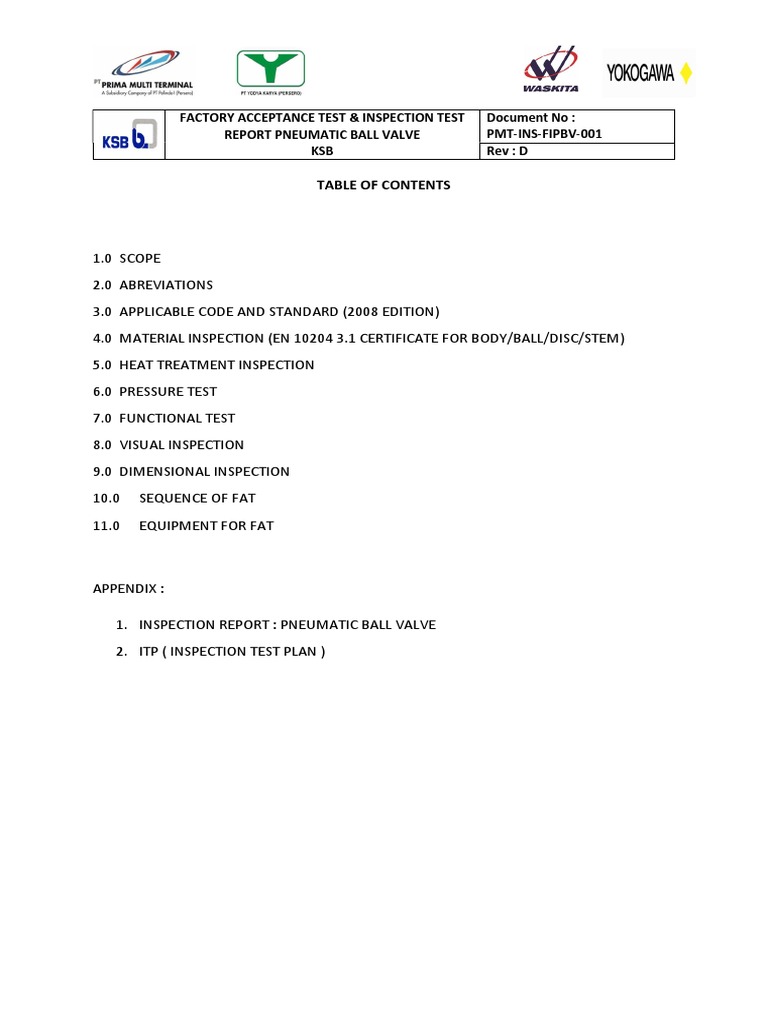 Factory Acceptance Test & Inspection Test Report Pneumatic Ball Valve ...