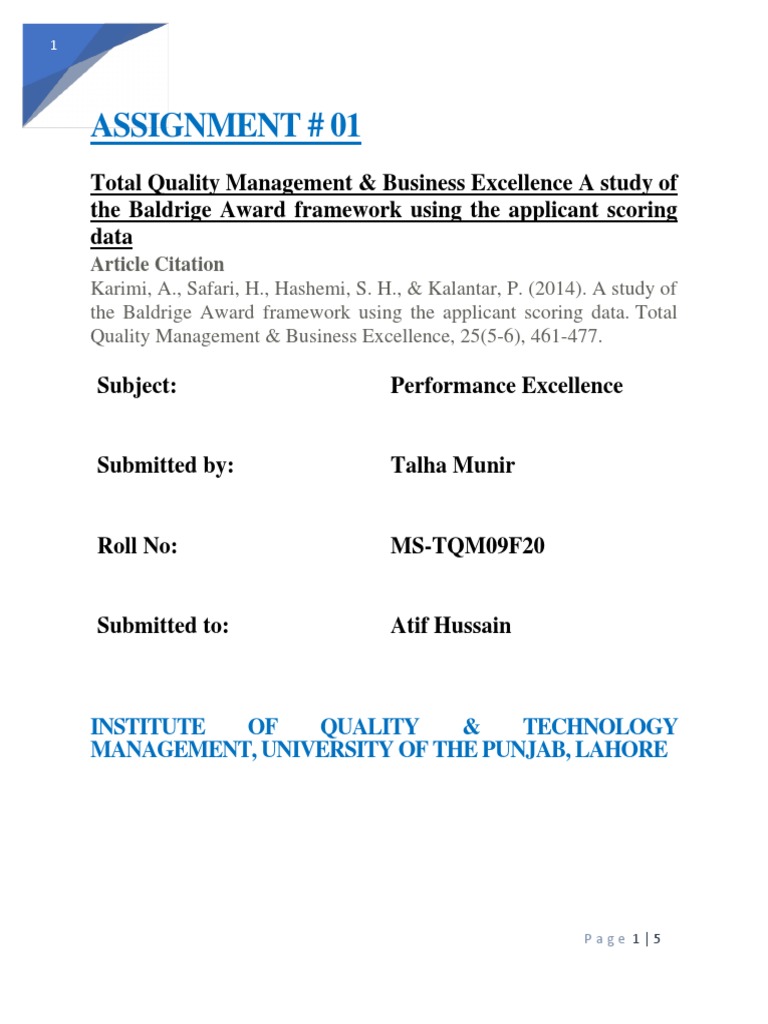 Assignment 1 Performance Excellence (TQM & Performance Excellence Models) | PDF | Quality ...
