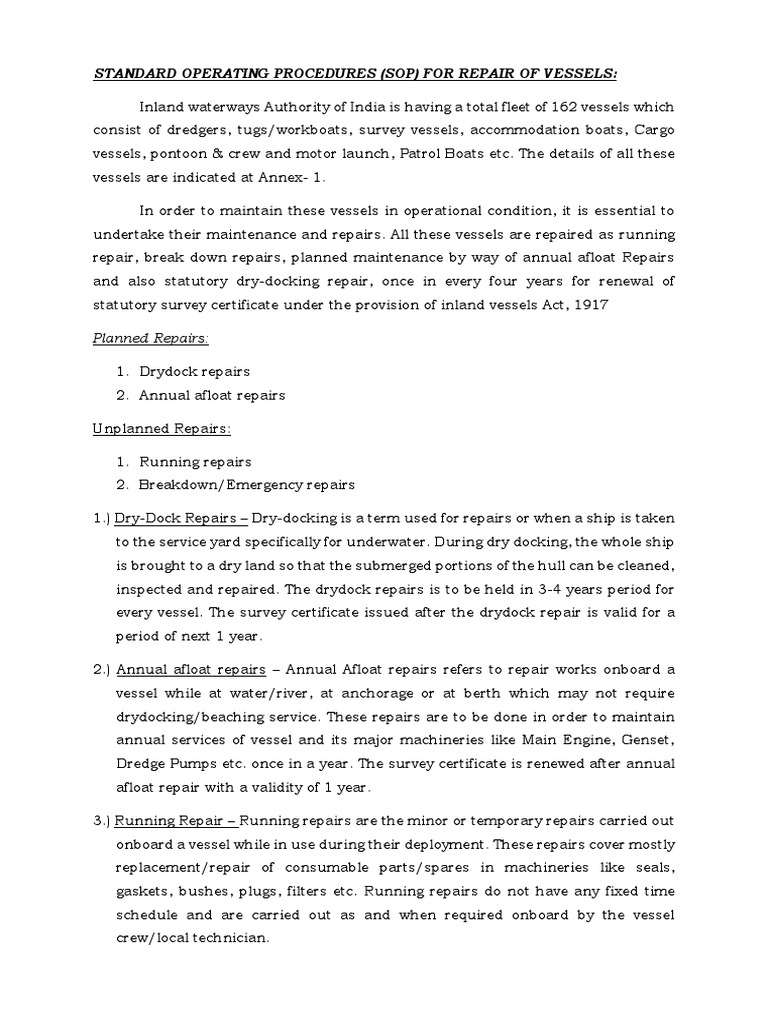 Standard Operating Procedures (Sop) For Repair of Vessels:: Planned ...