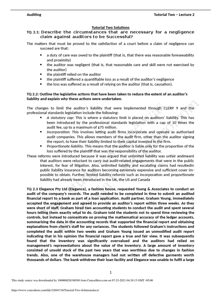 This Study Resource Was: Tutorial Two Solutions TQ 2.1 | PDF | Negligence | Audit
