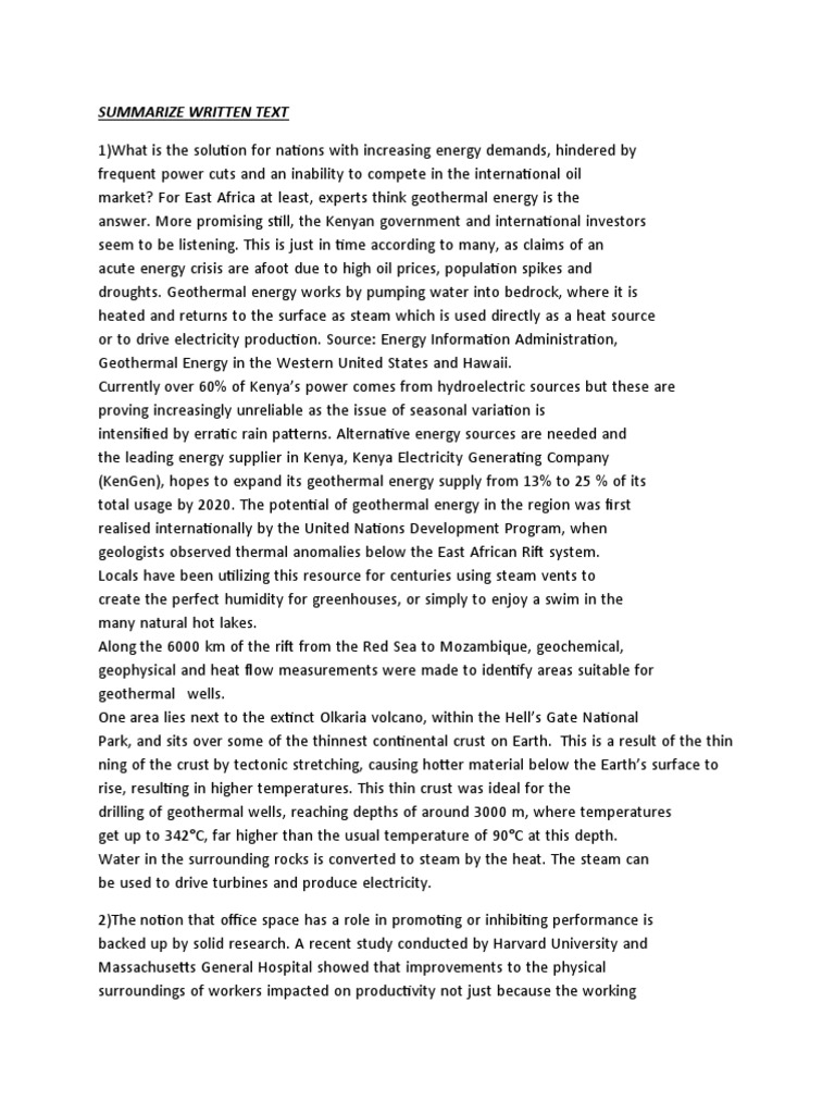 Summarize Written Text | PDF | Geothermal Energy | Kenya