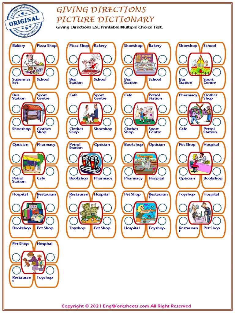 Giving Directions Esl Printable Multiple Choice Test 5186 | PDF