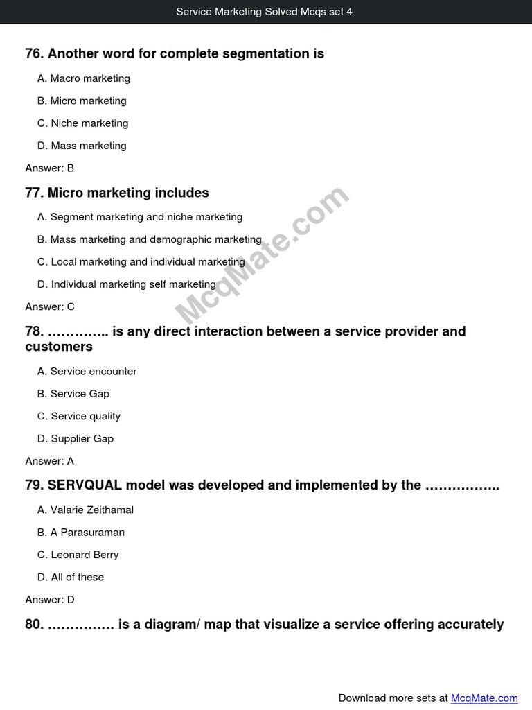Service Marketing Solved Mcqs Set 4 | PDF | Marketing | Sales Service Marketing Solved Mcqs Set 4 | PDF | Marketing | Sales