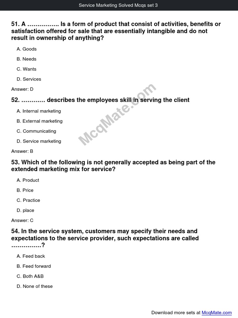 Service Marketing Solved Mcqs Set 3 | PDF | Marketing | Customer Service Marketing Solved Mcqs Set 3 | PDF | Marketing | Customer