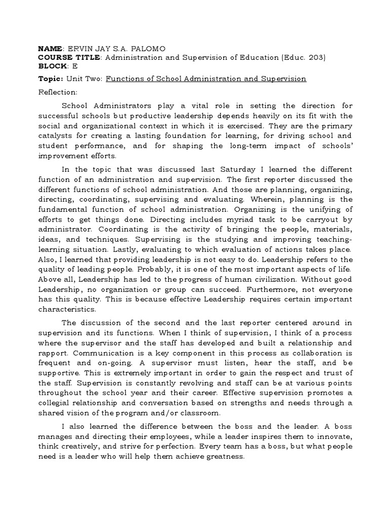 Functions of School Administration | PDF | Leadership | Psychological ...