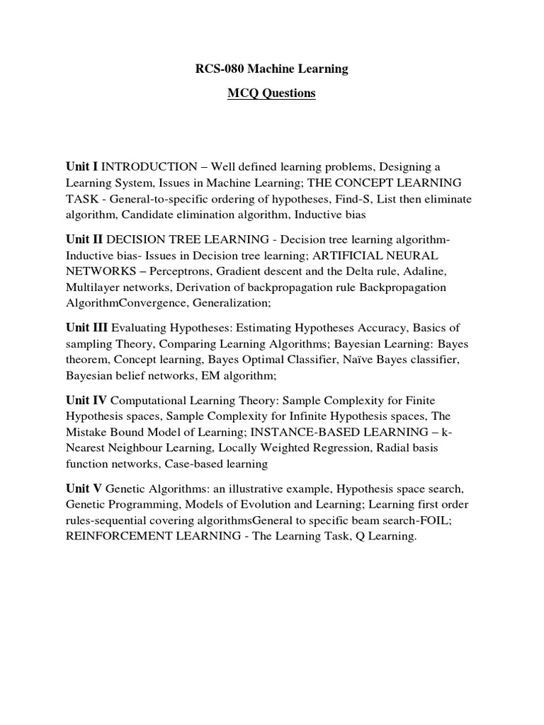 RCS-080 Machine Learning MCQs | PDF | Statistical Hypothesis Testing ...