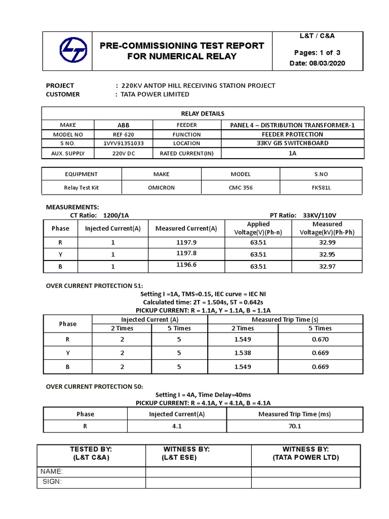 Pre-Commissioning Test Report For Numerical Relay: Project | PDF ...