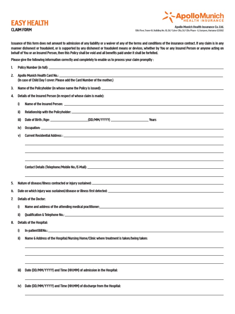 Easy Health Insurance Claim Form | PDF | Invoice | Receipt
