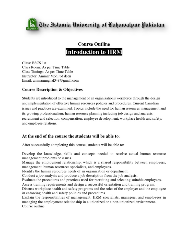Introduction To HRM: Course Outline | PDF | Human Resource Management ...