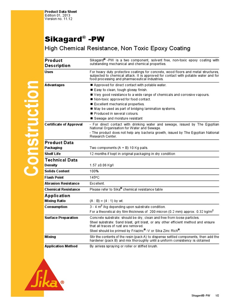 Sikagard - PW: High Chemical Resistance, Non Toxic Epoxy Coating | PDF | Epoxy | Water
