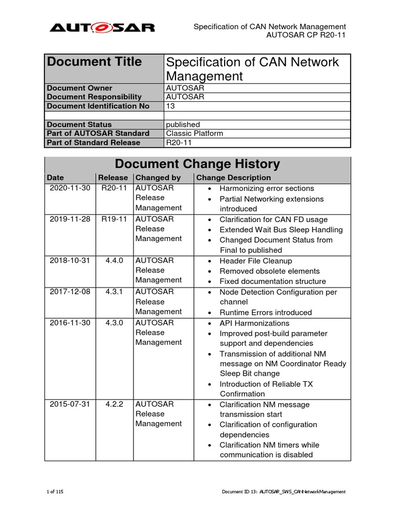 AUTOSAR SWS CANNetworkManagement | PDF | Computer Network | Specification (Technical Standard)