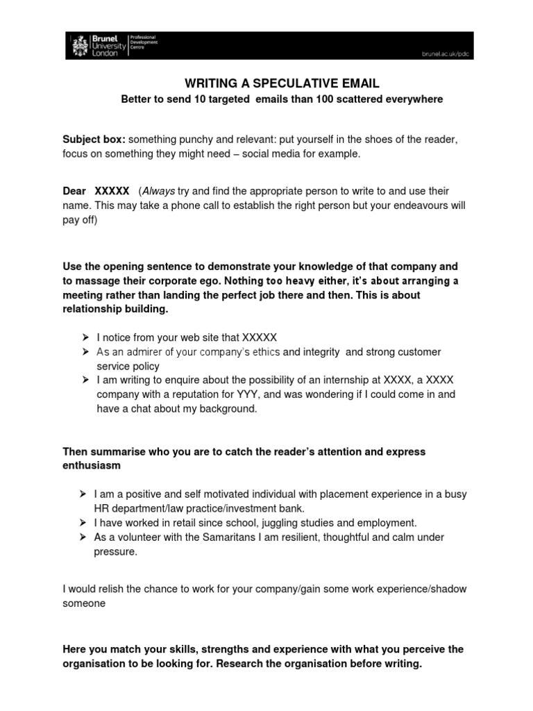HS Writing A Speculative Email | PDF | Internship | Job Hunting