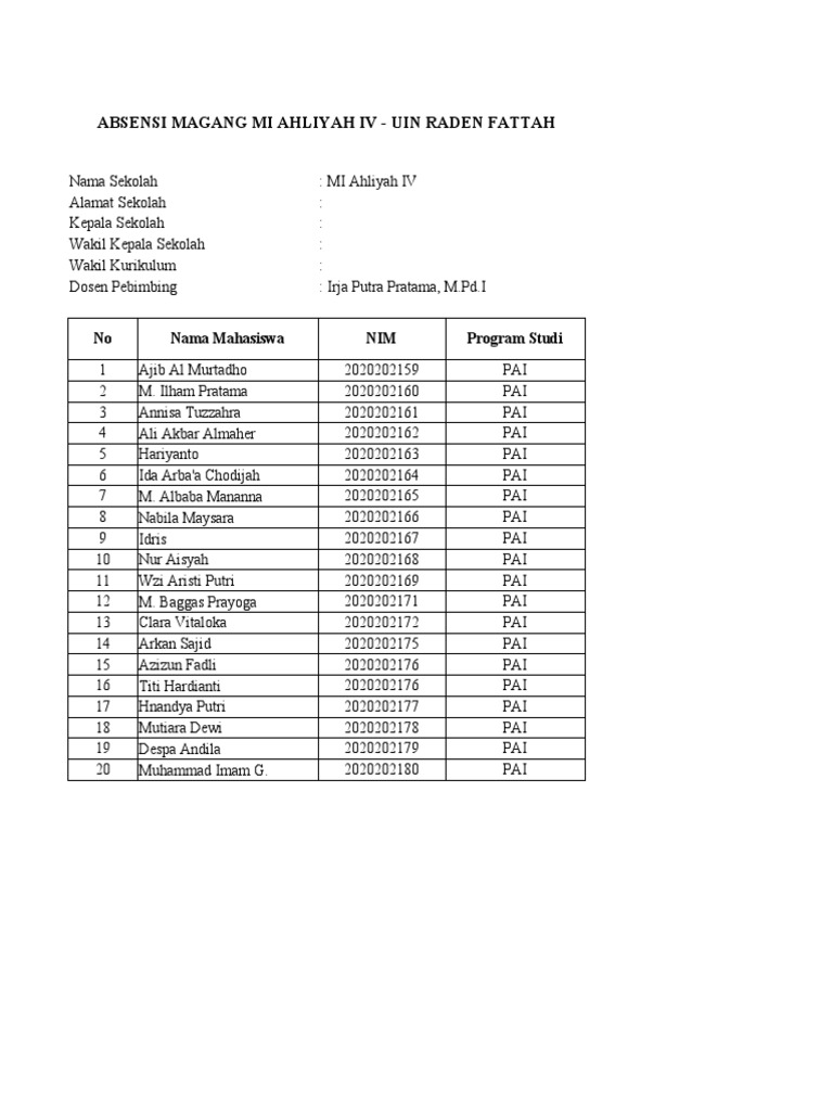 Absensi Magang Tanpa Kolom Absen | PDF