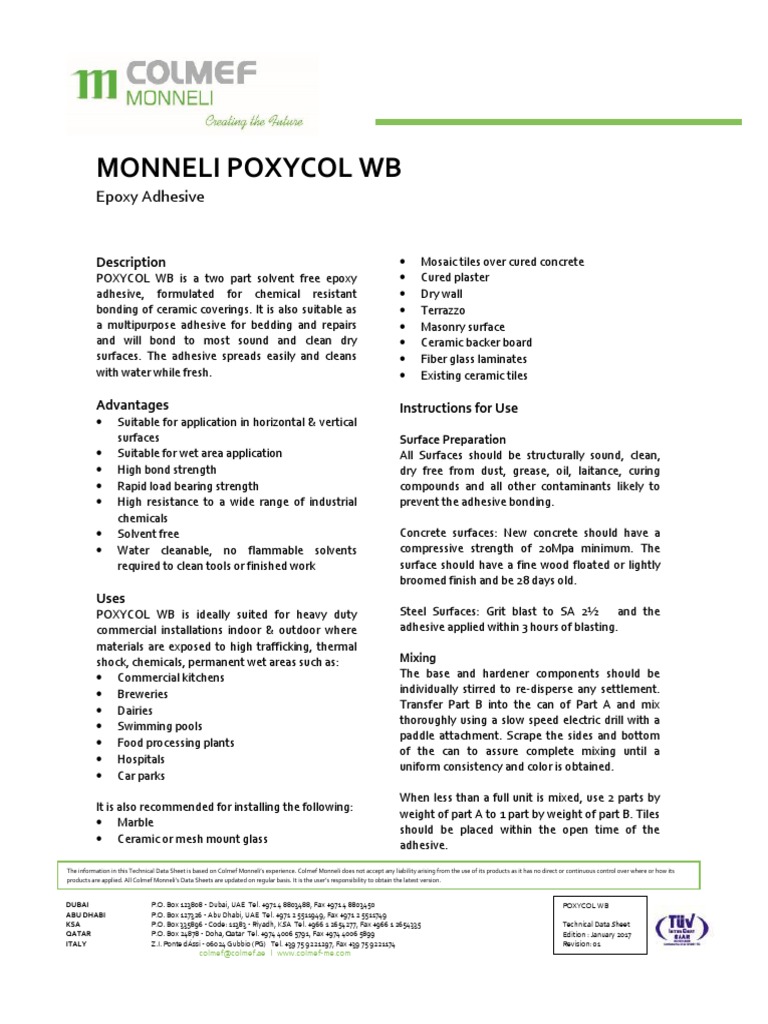 Monneli Poxycol WB Doc Technical Map en 454 | PDF | Adhesive | Epoxy
