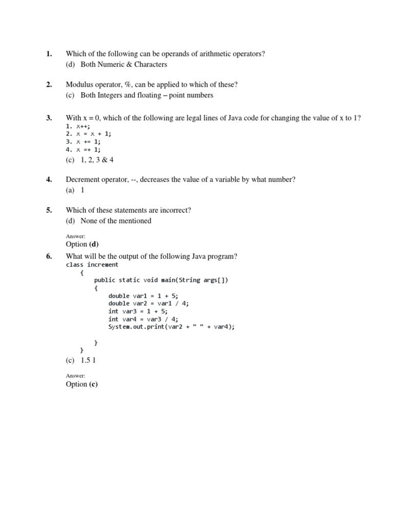 Java MCQ Output and Operator Questions | PDF | Java Virtual Machine ...