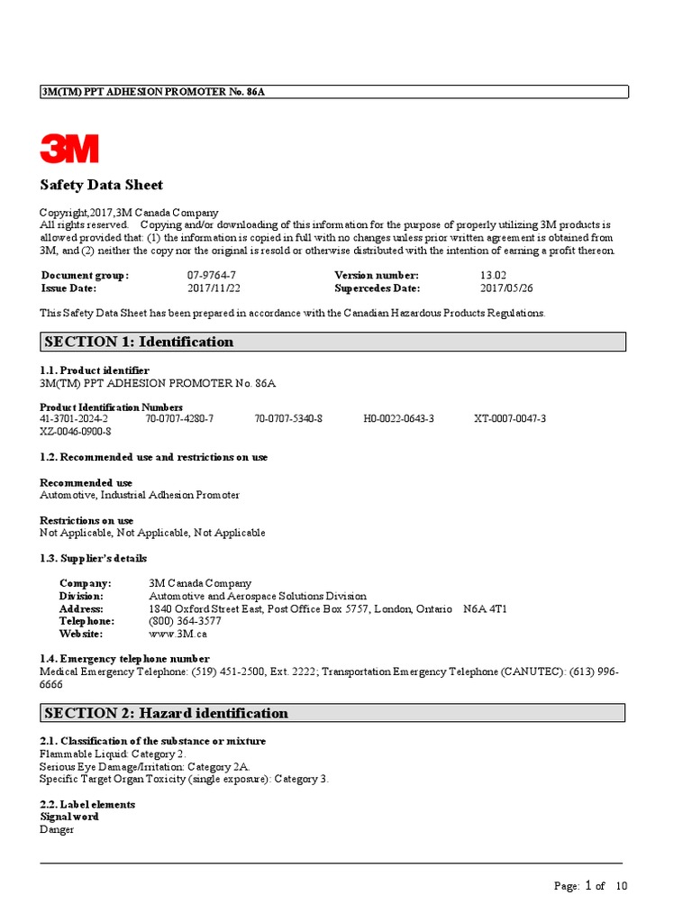 Safety Data Sheet: 3M (TM) PPT Adhesion Promoter No. 86A | PDF ...