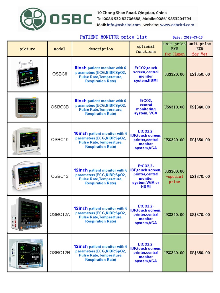 OSBC LIMITED Price List-Patient Monitor For Human + Veterinary Use | PDF | Computer Monitor