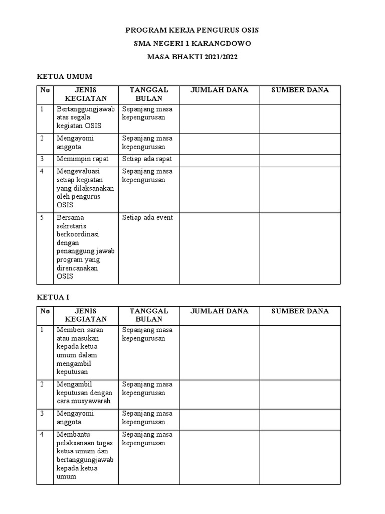 Program Kerja Pengurus Osis TH 2021&2022 | PDF