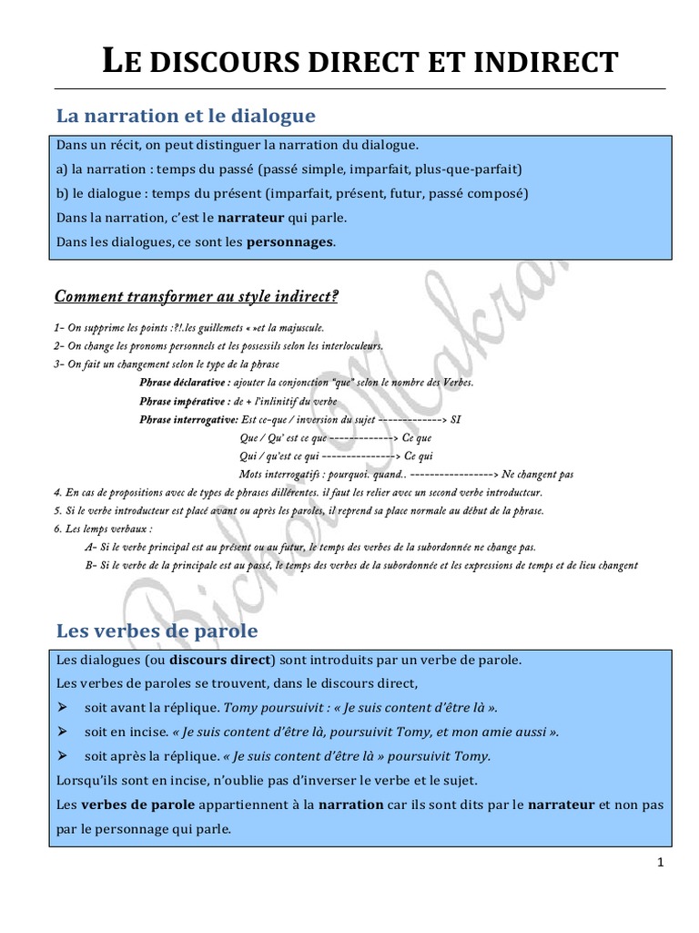 Discours direct et indirect : Guide pratique | PDF | Phrase | Discours ...