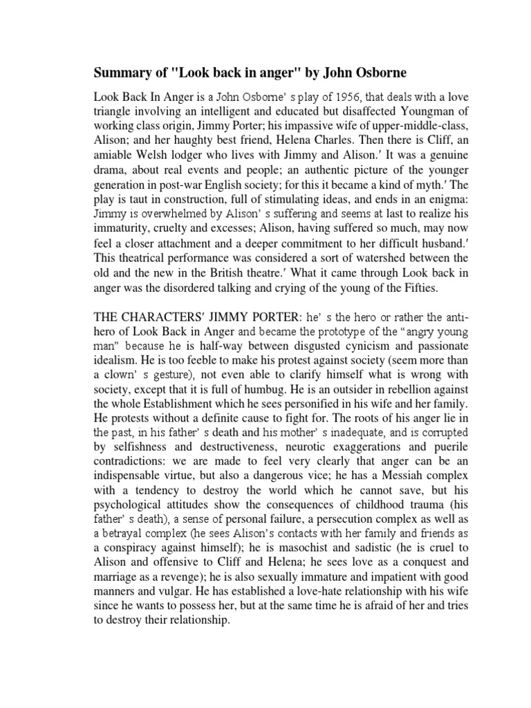 Summary of "Look Back in Anger" by John Osborne | PDF