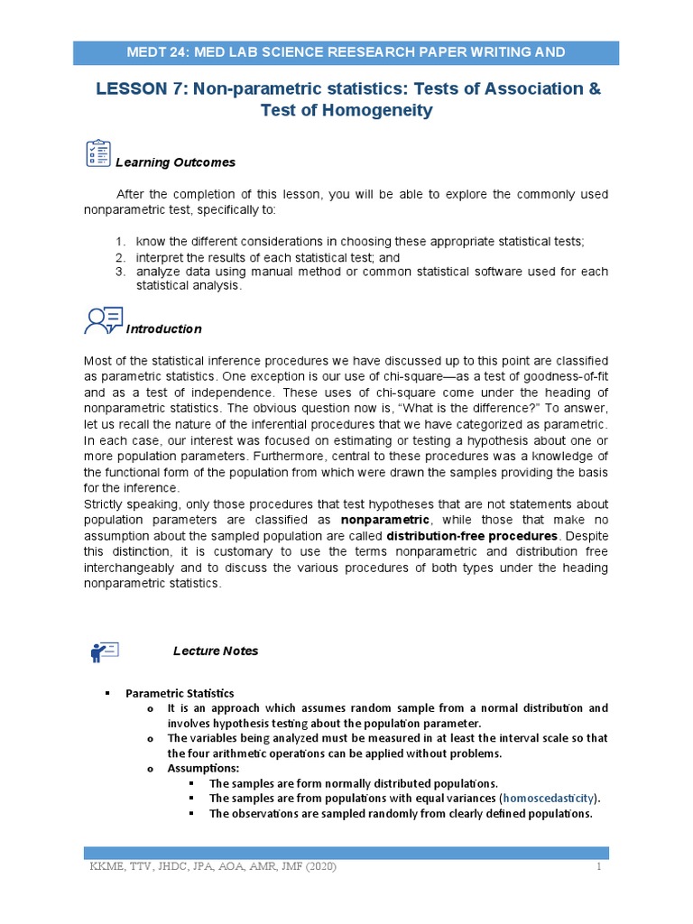 LESSON 7: Non-Parametric Statistics: Tests of Association & Test of ...