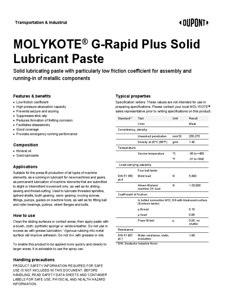 MOLYKOTE® G-Rapid Plus Solid Lubricant Paste | PDF | Lubricant | Screw
