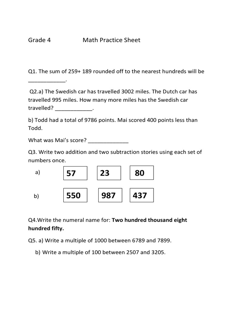 Grade 4 Math Practice Sheet | PDF