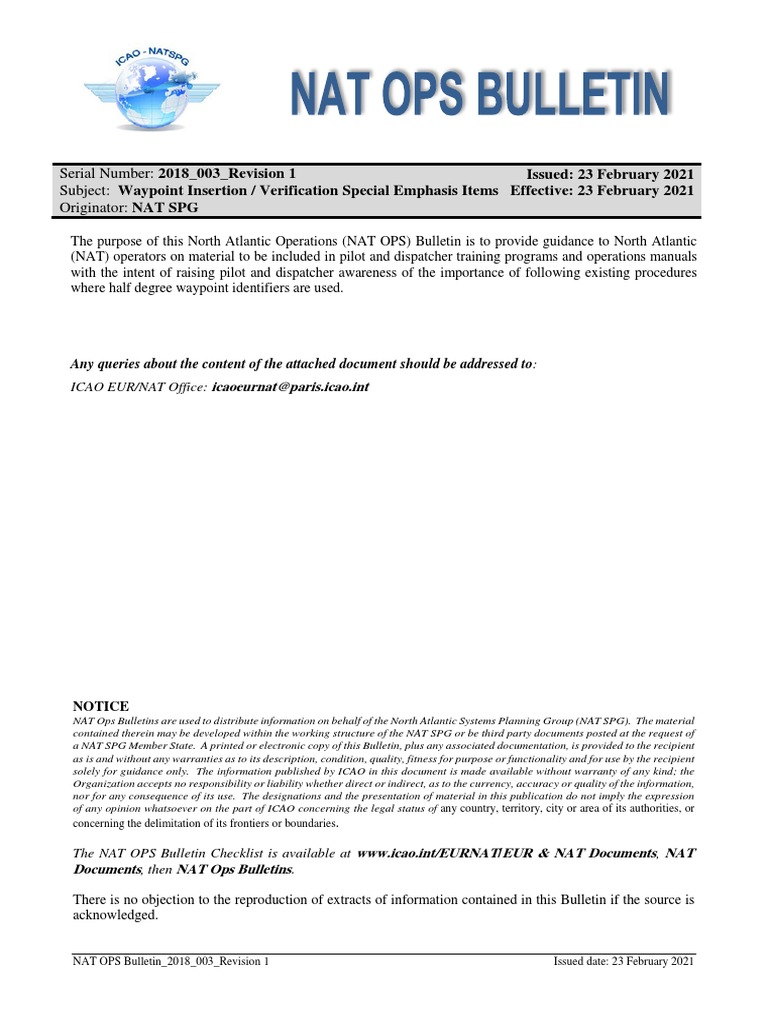 NAT OPS Bulletin 2018 - 003rev01 | PDF | Air Traffic Control | Navigation