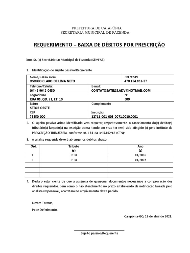 Requerimento Baixa Debito Prescricao | PDF