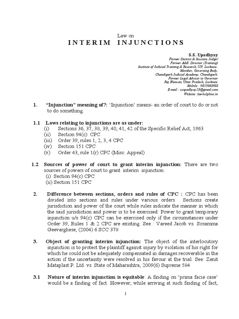 Interim Injunctions: S.S. Upadhyay | PDF | Injunction | Ex Parte