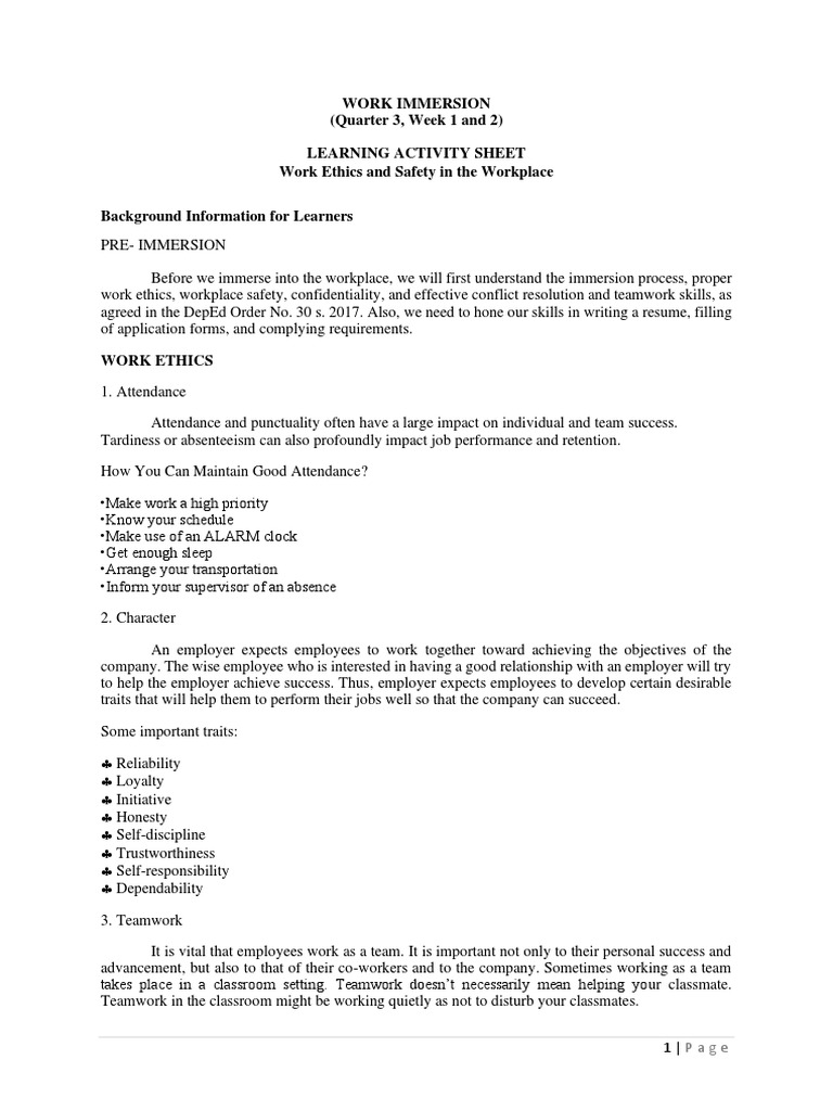 Work Ethics and Safety in Immersion | PDF | Occupational Safety And ...
