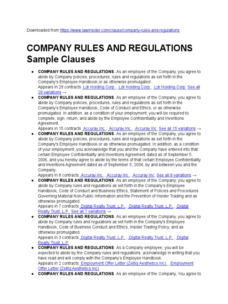 Law Insider Company Rules and Regulations Clause | PDF | Insider ...