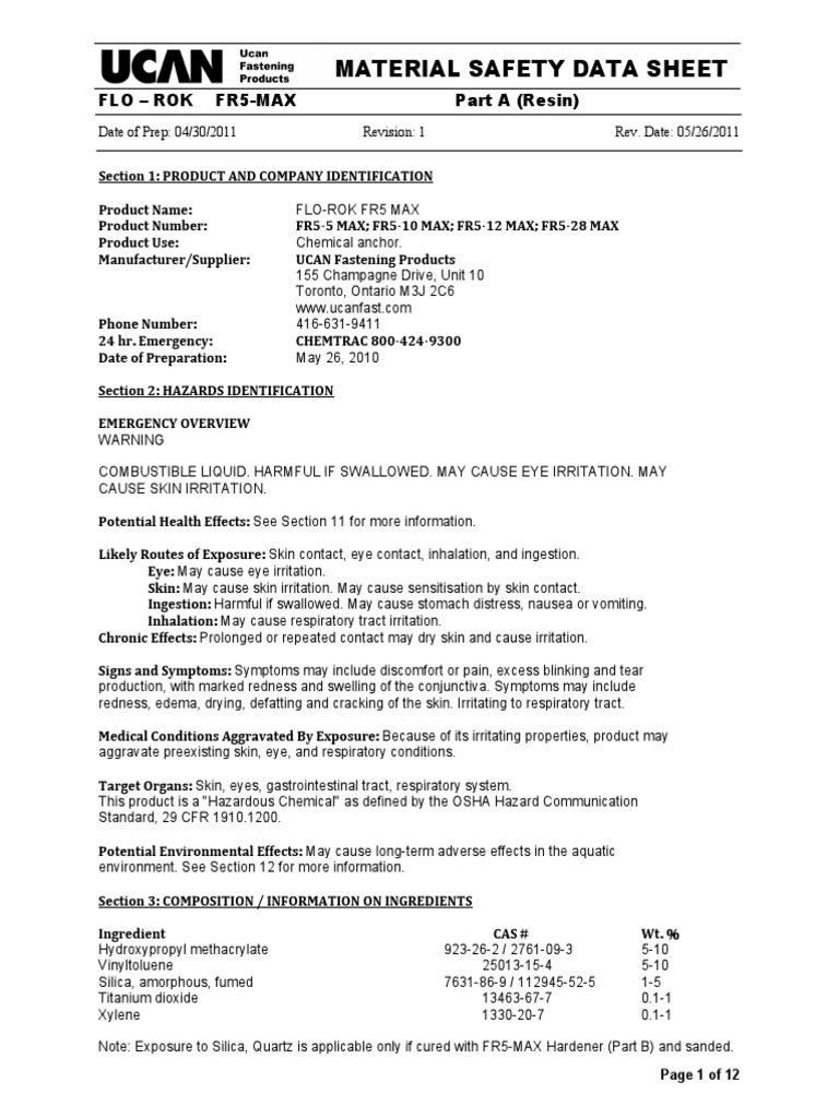 Material Safety Data Sheet: Flo - Rok Fr5-Max Part A (Resin) | PDF ...