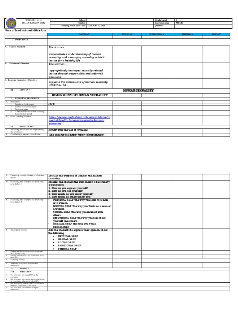 Grade 8 Daily Lesson Log: Human Sexuality | PDF | Learning | Teachers