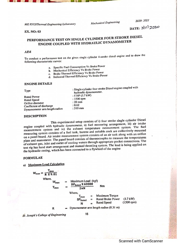 Performance Test On A Diesel Engine Hydraulic Dynamometer | PDF