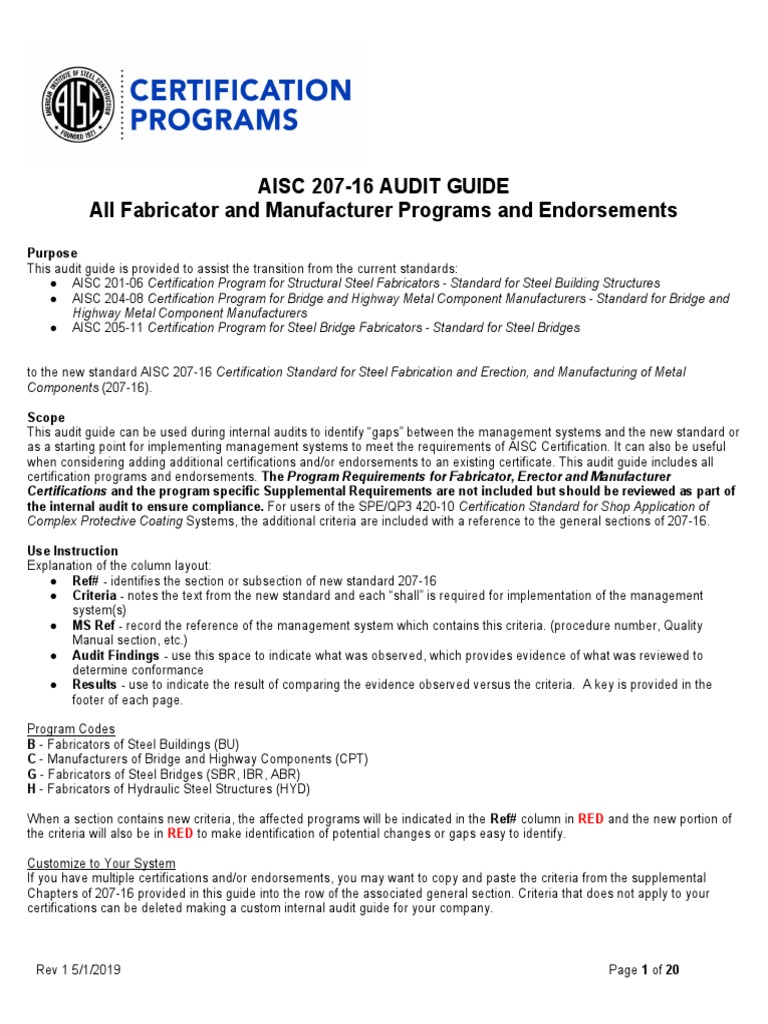 Aisc 207-16 Audit Guide All Fabricator and Manufacturer Programs and ...