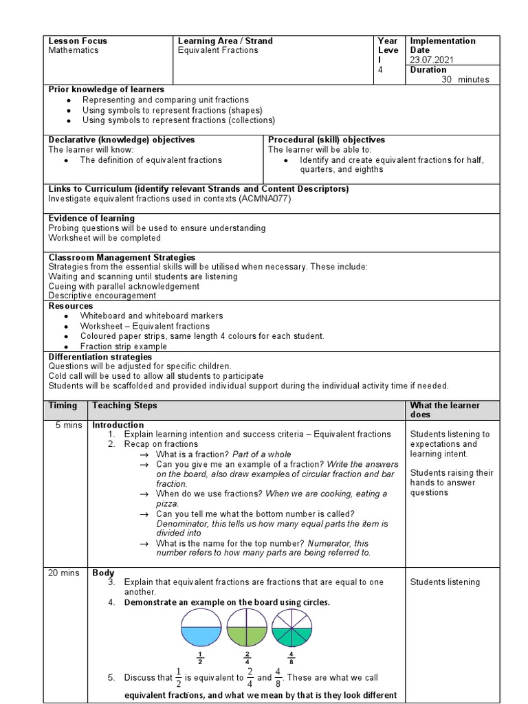 Equivalent Fractions Lesson Plan | PDF | Learning | Cognition