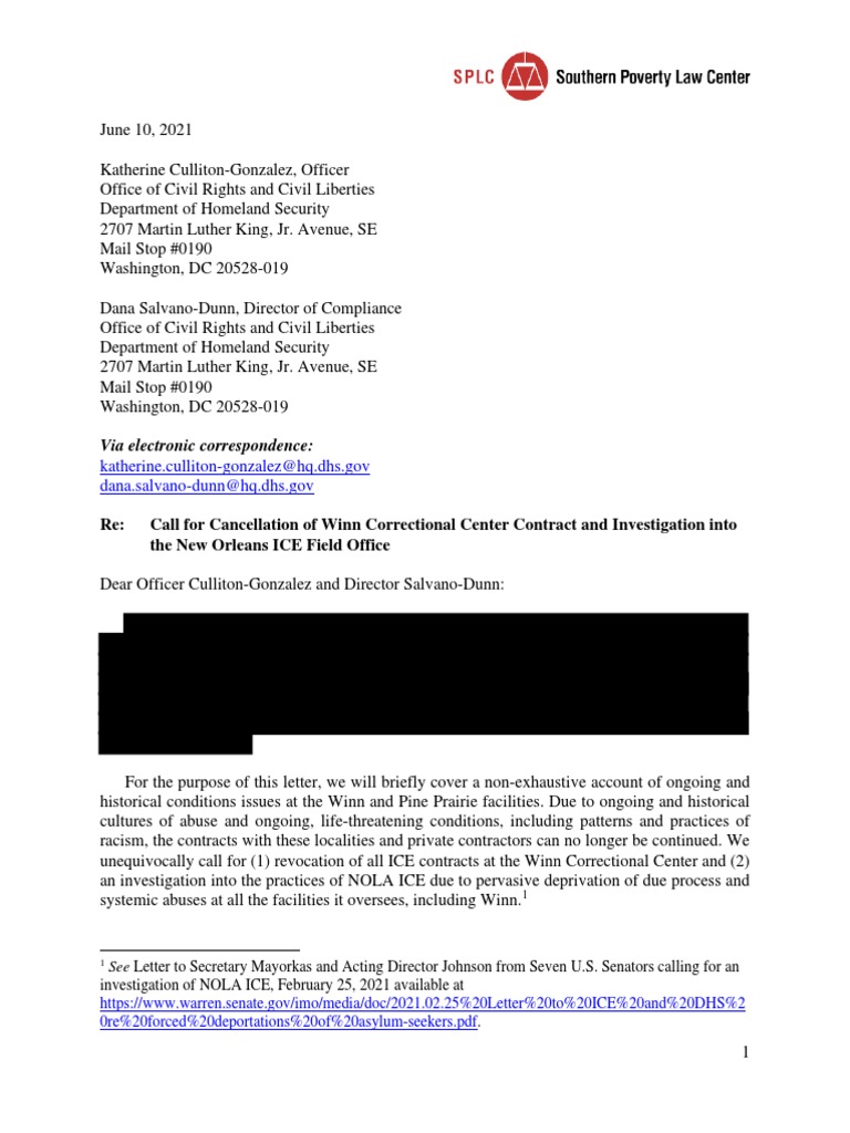 Redacted Letter To Winn Correctional Center, June 10, 2021 | PDF ...