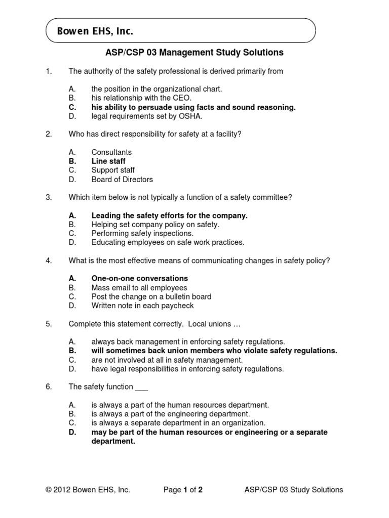 Bowen EHS, Inc.: ASP/CSP 03 Management Study Solutions | PDF | Occupational Safety And Health ...