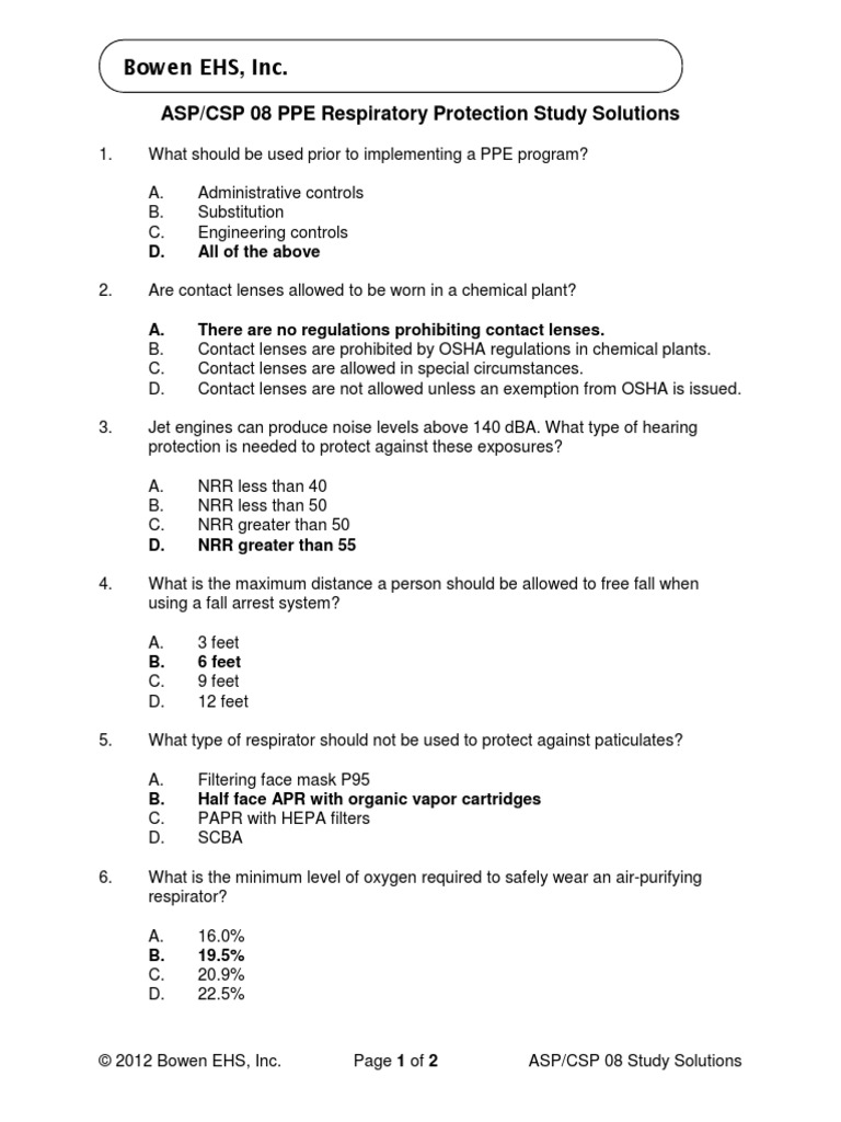 Bowen EHS, Inc.: ASP/CSP 08 PPE Respiratory Protection Study Solutions | PDF | Personal ...